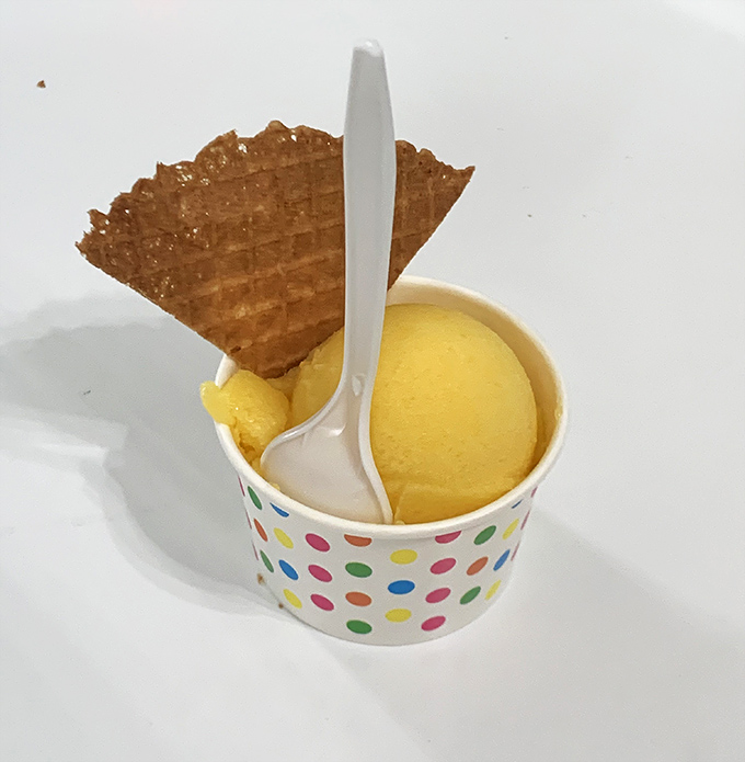 Sunshine in a cup! This mango sorbet with its crisp waffle garnish is summer's perfect antidote to the Texas heat.