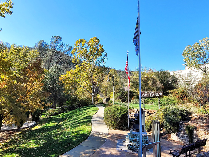 Mariposa's Art Park offers a peaceful respite with winding paths and mountain views. The perfect spot to contemplate life's big questions.