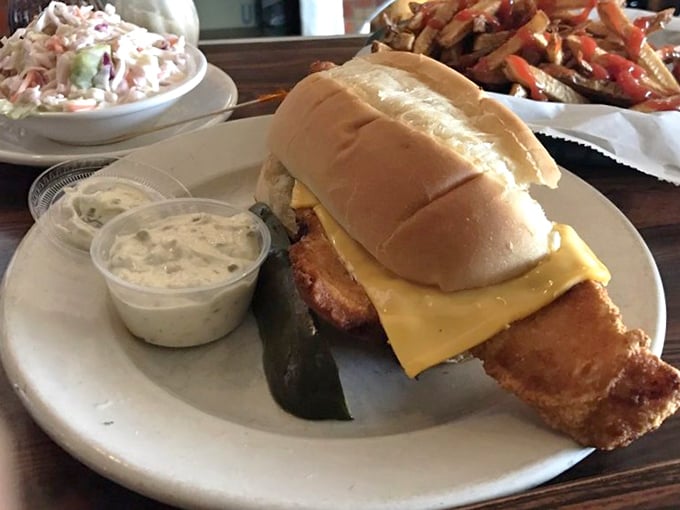 The fish sandwich that launched a thousand napkins &ndash; hand-breaded cod extending well beyond its bun's jurisdiction, with tartar sauce standing by for backup. 