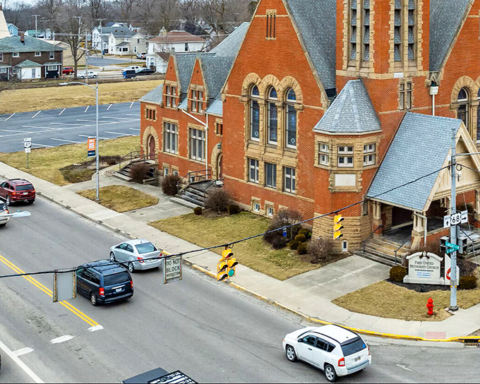 This magnificent brick church showcases the architectural ambition that defined small-town America. Stained glass and spiritual grandeur in equal measure.
