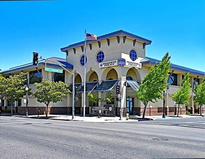 Modesto's Police Department building combines function with distinctive California design elements, serving as both civic landmark and community guardian.
