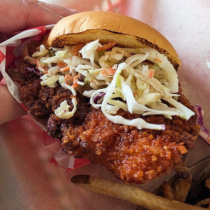 Nashville hot chicken with cooling slaw&mdash;the culinary equivalent of a perfect summer day: hot but not overwhelming.