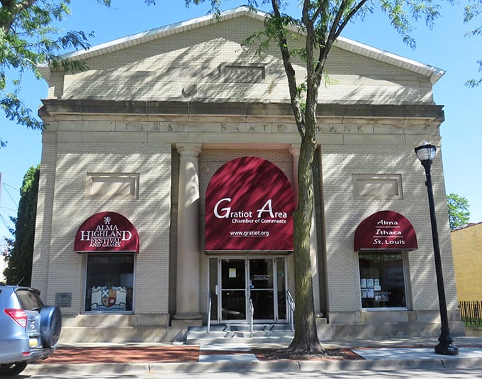 The old First State Bank building now houses the Chamber of Commerce, proving good architecture never goes out of style.