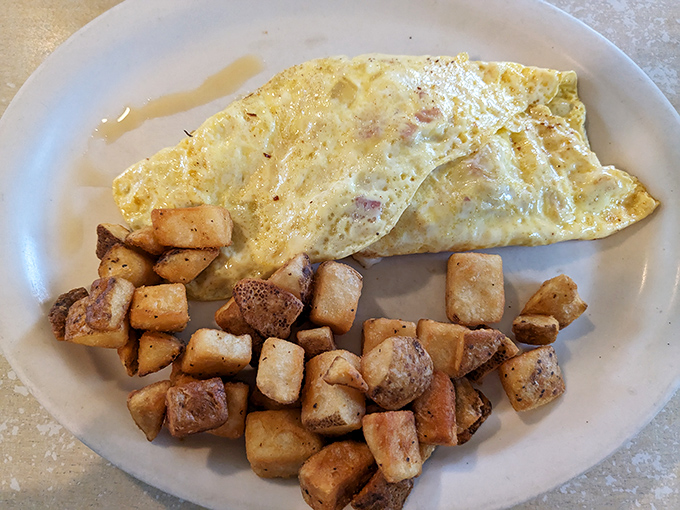 An omelette that's seen the inside of a real skillet, not a microwave, alongside home fries that taste like someone's grandmother was in the kitchen.