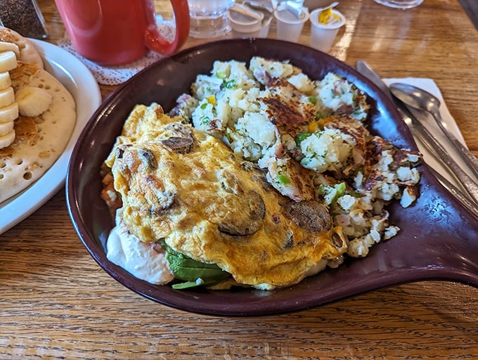 This isn't just an omelet &ndash; it's a skillet-shaped masterpiece where eggs and mushrooms dance together in perfect harmony.