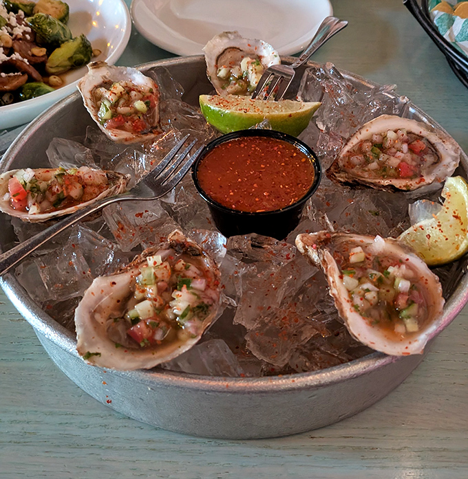 These oysters aren't just served—they're presented like jewels on ice, each one a perfect briny treasure from Delaware's waters.
