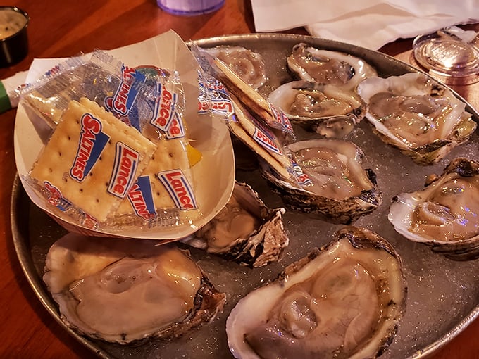 Fresh Gulf oysters served with saltines—nature's perfect appetizer. Like tasting the ocean without getting sand in your swimsuit.