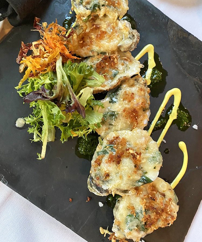 Oysters Rockefeller presented with artistic flair&mdash;these bivalves got dressed up for the occasion and are ready to impress.