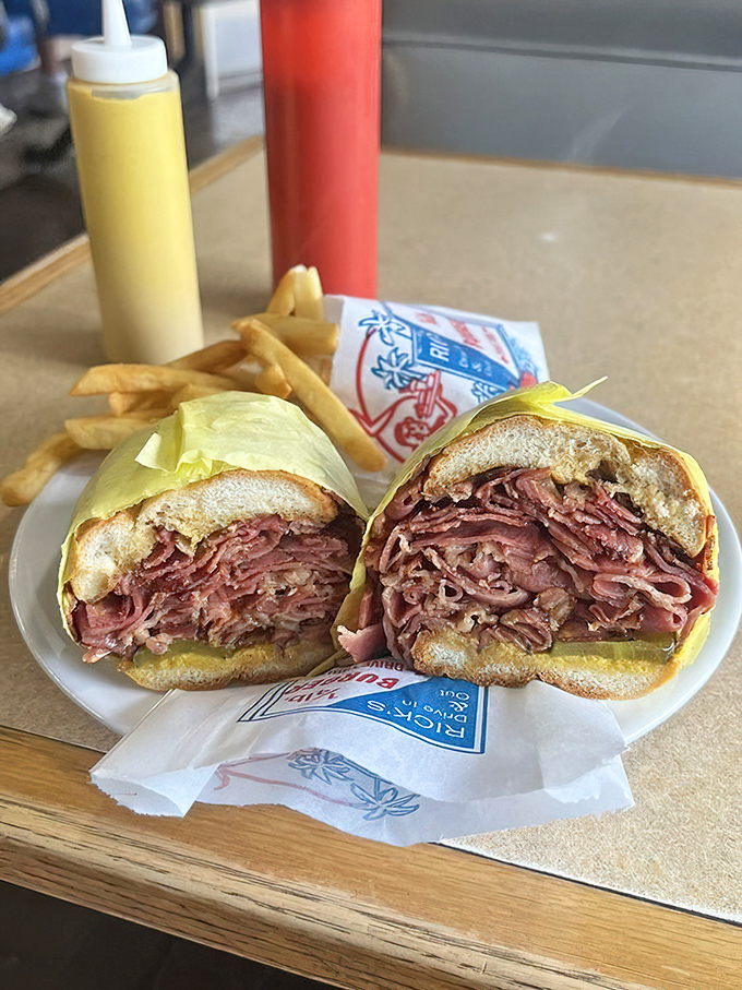 This pastrami sandwich isn't messing around&mdash;layer upon glorious layer of thinly-sliced meat that New York delis would respectfully nod at.