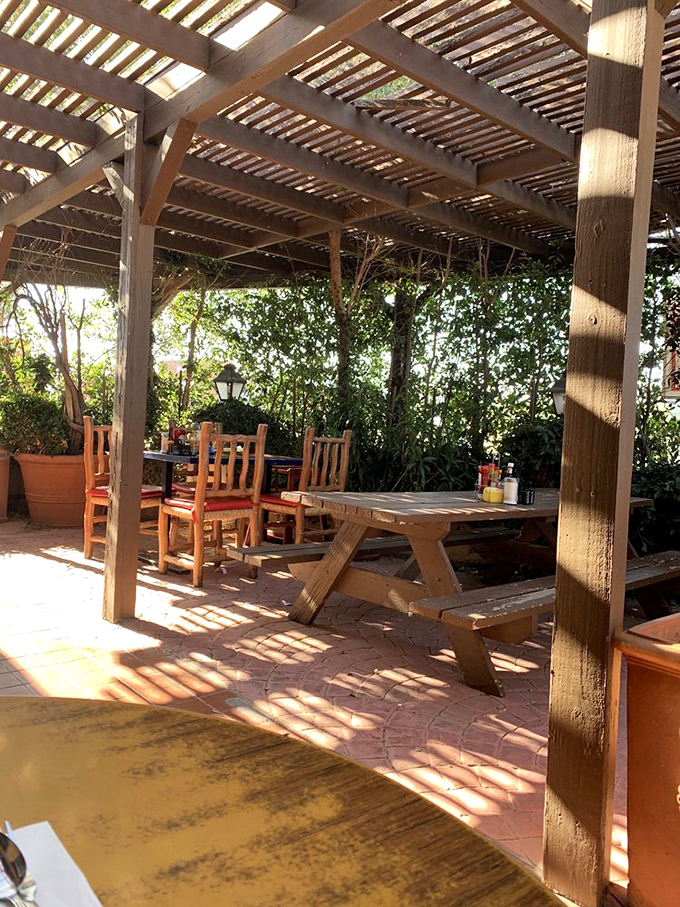 The shaded patio offers desert dining with a gentle breeze—a perfect spot to recover from your food coma before hitting the road again.