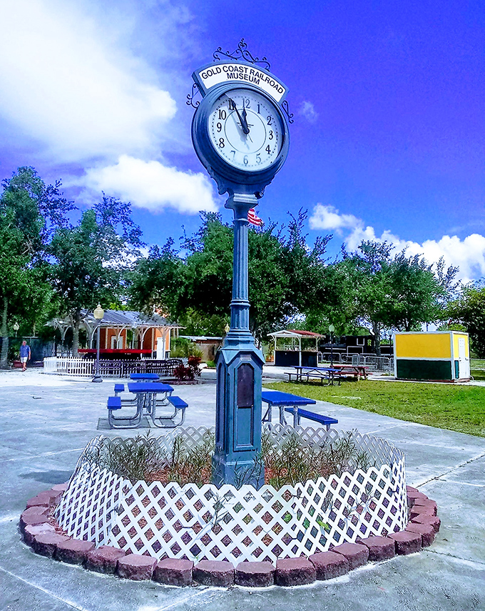 Time stands still at the museum's patio clock, surrounded by white picket fencing that feels like a Norman Rockwell painting come to life.