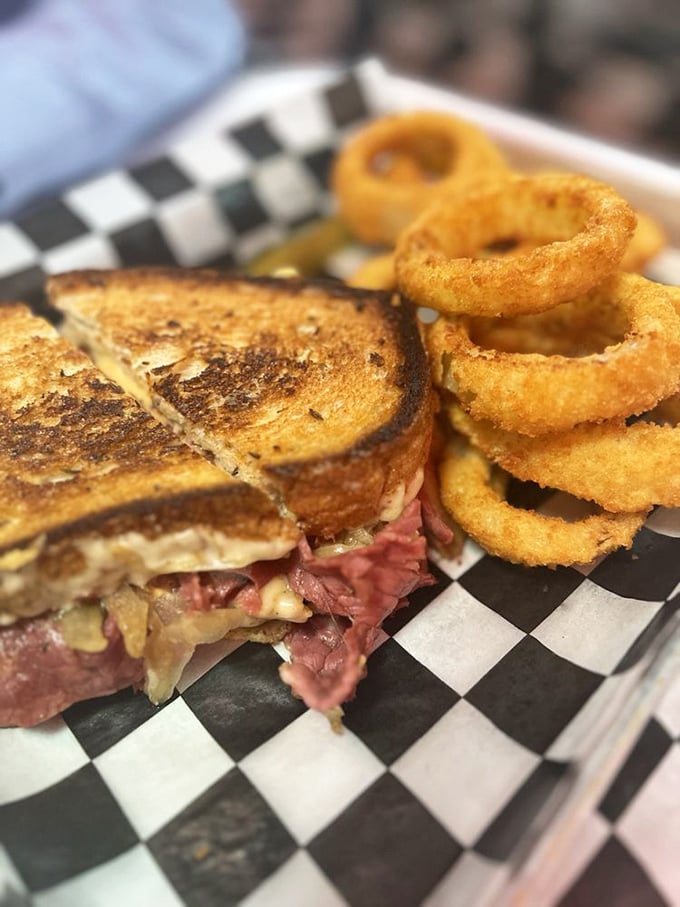 The patty melt&mdash;that beautiful marriage of grilled bread, melted cheese and seasoned beef&mdash;flanked by onion rings crisp enough to make you weep with joy.