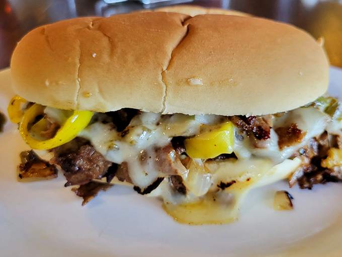 A Philly cheesesteak that would make a Pennsylvanian nod in respectful approval. Those banana peppers add the perfect zingy counterpoint.