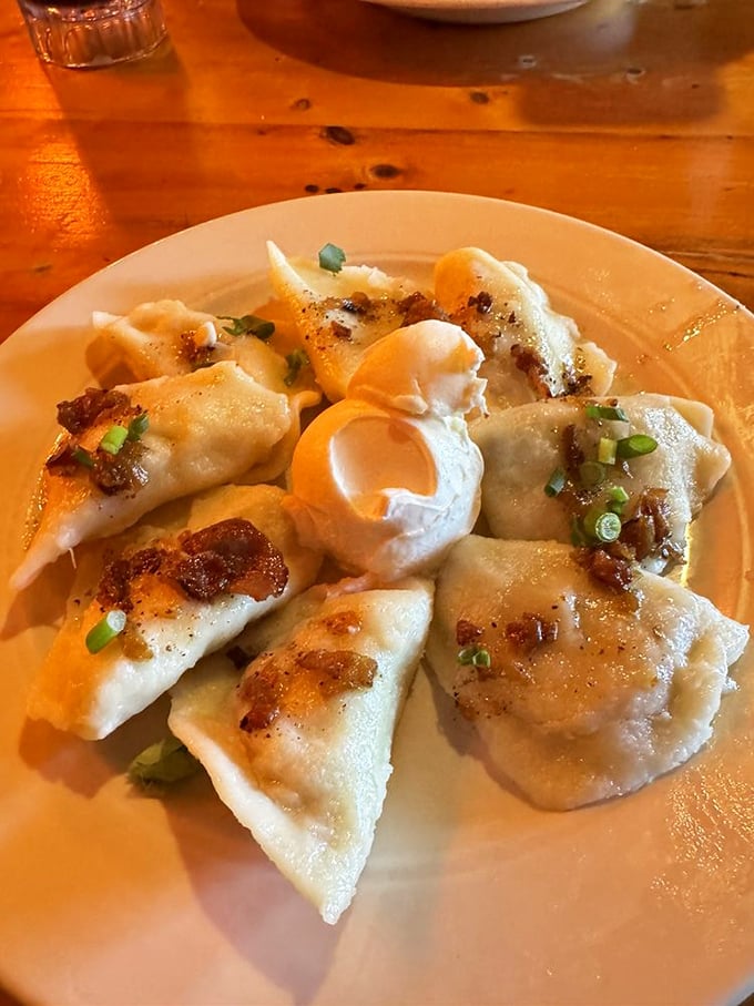 Pierogi paradise! These plump dumplings with their golden sear and caramelized onion topping are what carb dreams are made of.