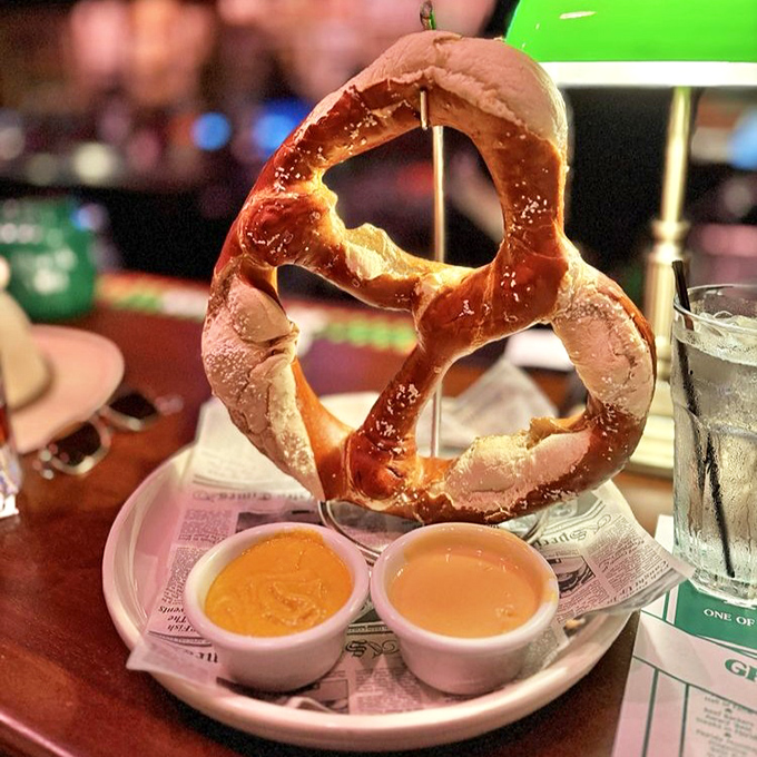 This pretzel has the perfect geometry of a carb-loaded work of art. Served with dipping sauces that make geometry delicious for the first time since never.
