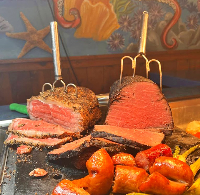Prime rib carved to perfection&mdash;because sometimes even seafood lovers need a brief, beefy intermission between crab leg marathons.