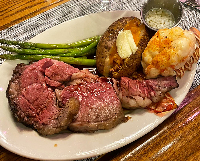 The surf-and-turf dream team: a perfectly pink prime rib sharing the spotlight with a lobster tail. Name a more iconic duo&mdash;I'll wait.