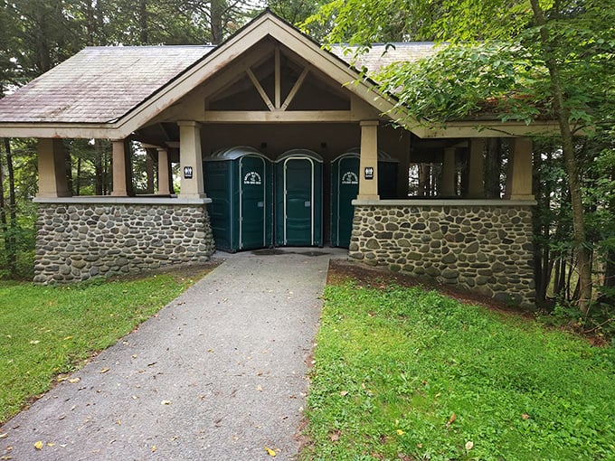 Even the facilities at Raymondskill Falls maintain rustic charm, with stone foundations anchoring this practical pit stop in the wilderness.