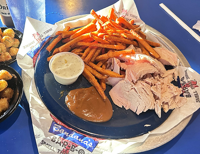 Sweet potato fries, pulled turkey, and house sauce &ndash; a plate that proves barbecue isn't just about pork and beef, but about smoking anything into submission.