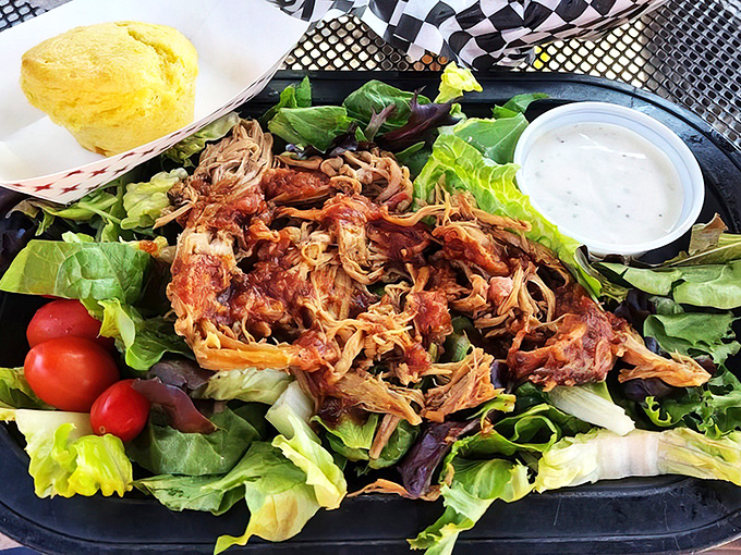 The pulled pork salad—where health food meets hedonism. It's what happens when your diet makes a compromise with your cravings.