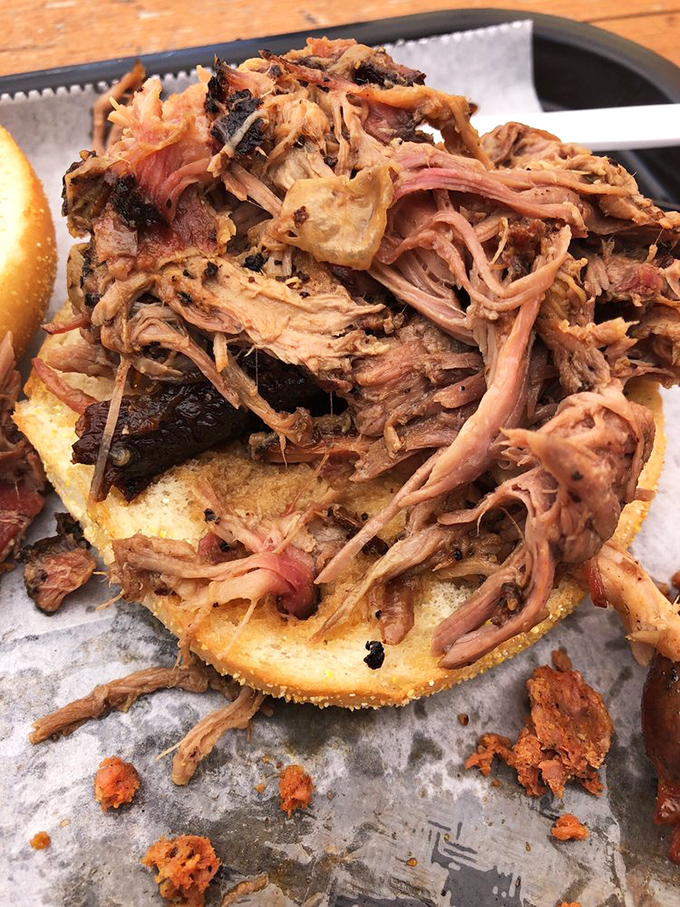 Pulled pork perfection on a humble throne. When meat is treated this respectfully, even a simple bun becomes a stage for greatness.