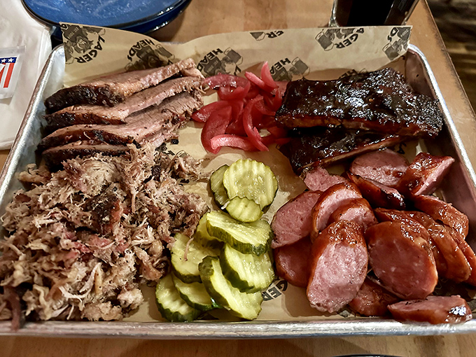 The barbecue sampler board&mdash;where indecision becomes a virtue and pickle chips serve as palate cleansers between meat masterpieces.