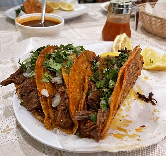 These aren't just tacos—they're birria's greatest hits album, with tortillas dipped in consommé before meeting the griddle and their meaty destiny.