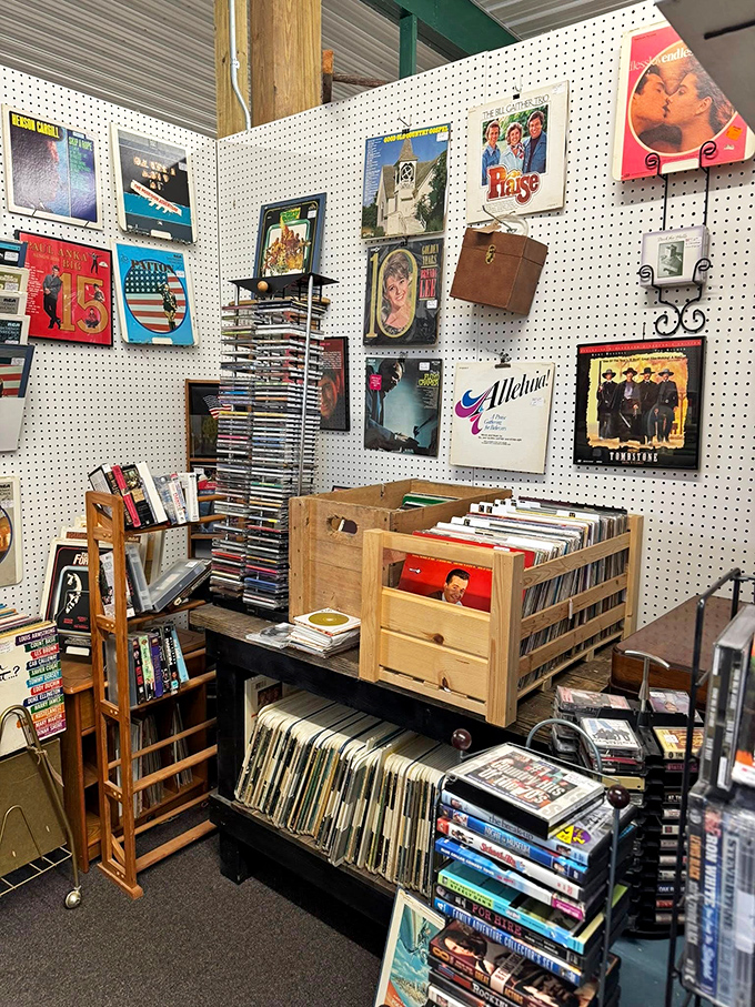 Vinyl paradise! Album covers create a colorful timeline of American culture, where musical treasures wait to be rediscovered by eager fingertips flipping through history.