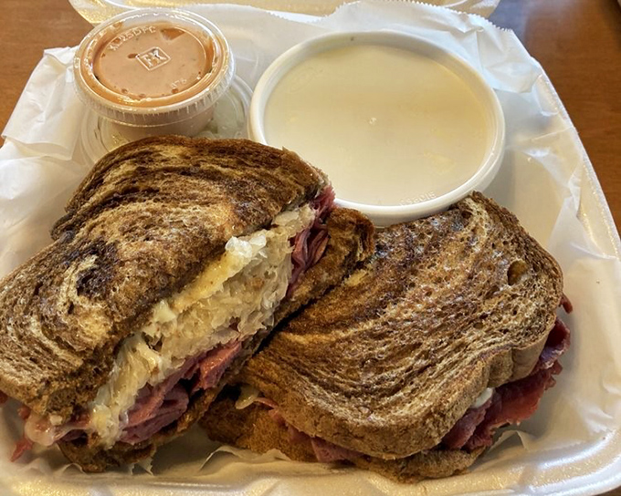 A Reuben that doesn't need New York's approval. Marble rye, perfectly melted Swiss, and sauerkraut that brings just the right tang to the party.