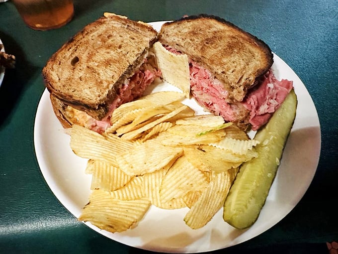 This Reuben sandwich isn't messing around—pink corned beef piled high between perfectly toasted rye creates the kind of sandwich worth driving across county lines for.