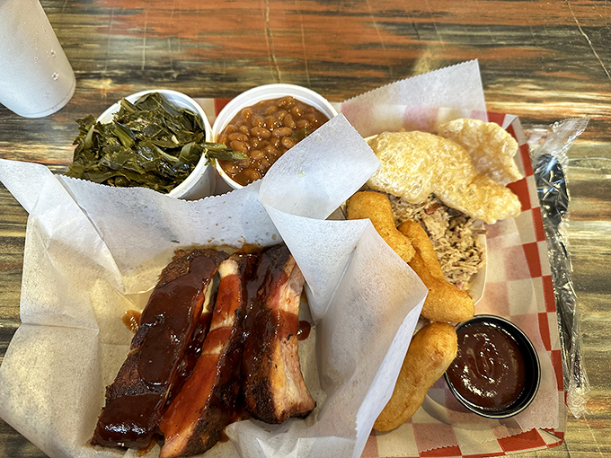 A barbecue tray that hits all the right notes&mdash;smoky ribs, tender collards, and beans that have clearly been simmering since breakfast.