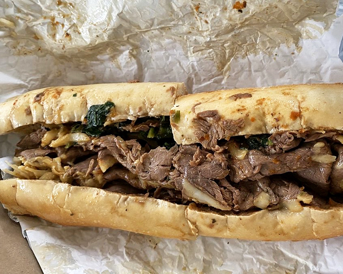 This roast beef sandwich, with its tender meat and verdant greens, makes a compelling case that heaven might actually be between two pieces of bread.