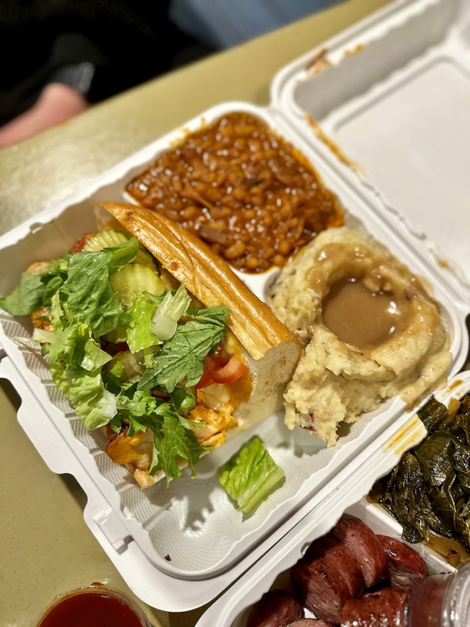 Not just a meal but an architectural marvel: layers of flavor stacked between bread with mashed potatoes that could make a carb-counter reconsider life choices.