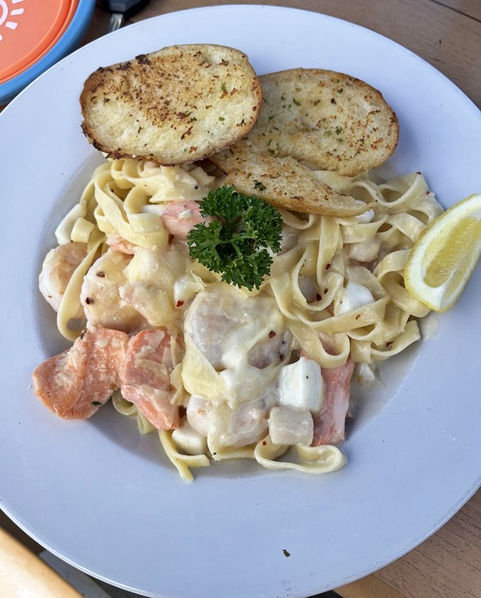 Seafood pasta that doesn't skimp on the stars of the show&mdash;plump shrimp and tender fish swimming in a sea of perfectly cooked fettuccine.