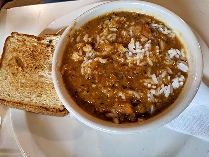 A bowl of gumbo that could make a New Orleans chef tip his hat&mdash;rice soaking up that rich, soulful broth.