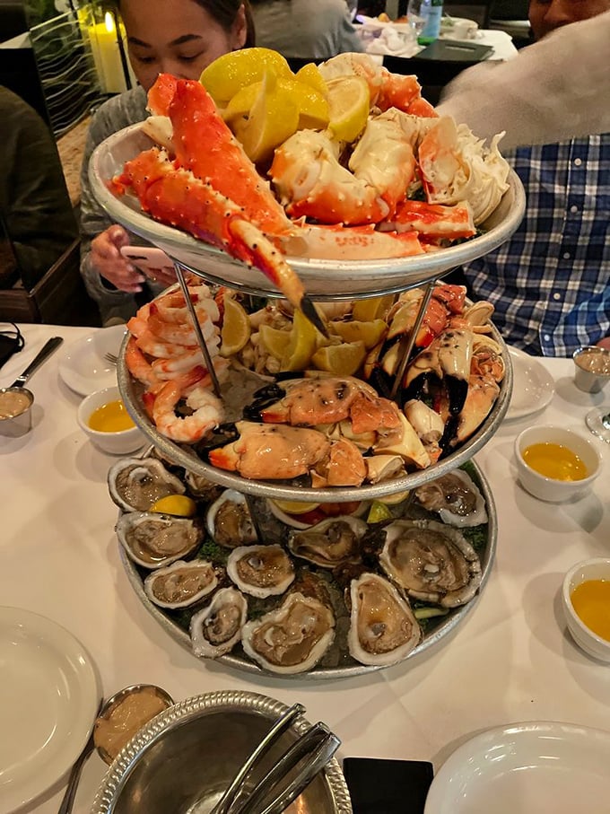 The Seafood Tower: where marine delicacies stack up like the world's most delicious Jenga game. Oysters, shrimp, and crab&mdash;oh my!