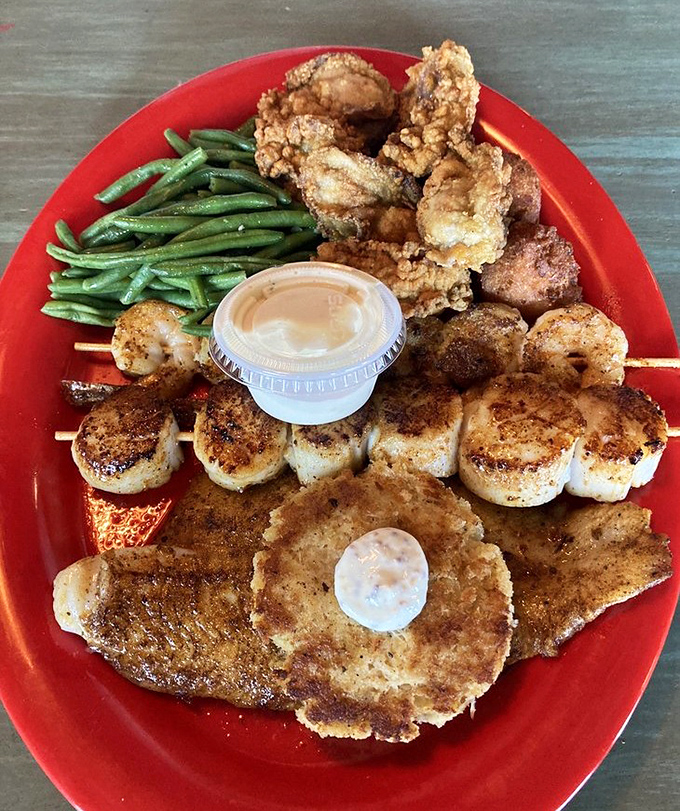 A seafood sampler that hits all the right notes &ndash; crispy, savory, and fresh. The green beans provide the illusion of healthfulness we all need.