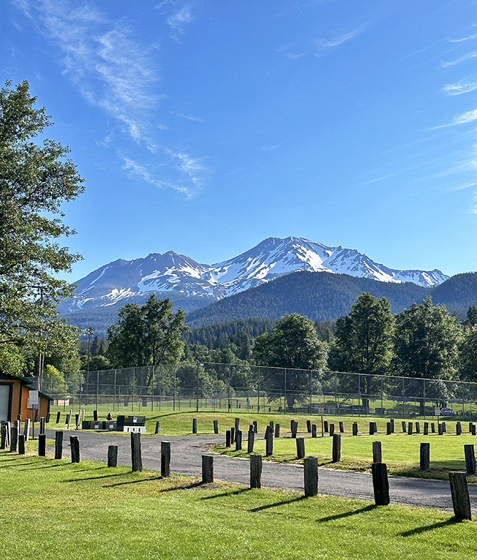 Even the local park comes with million-dollar mountain views. Those fence posts stand at attention like they're also admiring the scenery.