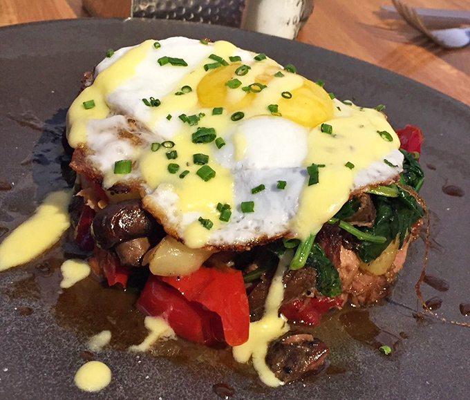 This isn't just breakfast; it's a short rib hash revelation topped with a sunny egg that's basically wearing a yellow superhero cape. 