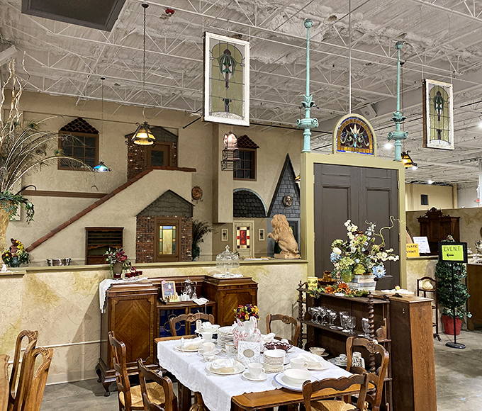 Architectural salvage creates a whimsical backdrop for dining sets, proving that one building's past can become another home's conversation piece.