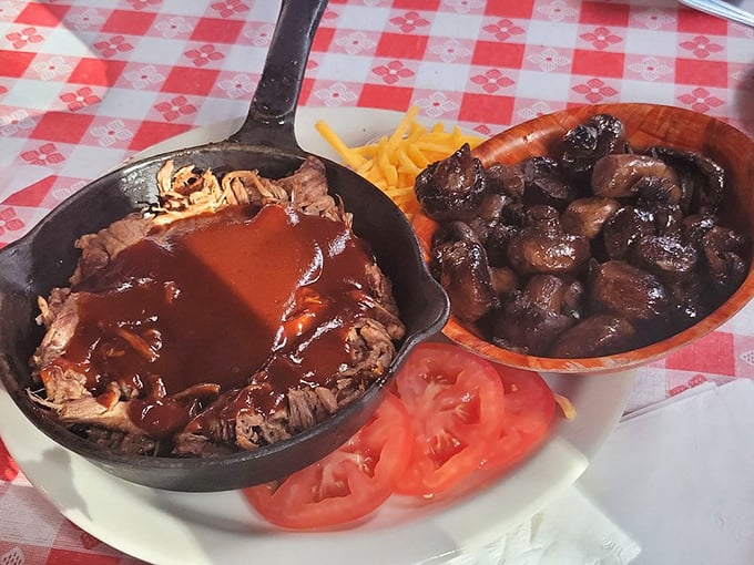 When beef meets cast iron, magic happens. This shredded masterpiece swimming in savory sauce makes those mushrooms the luckiest vegetables in Arizona.