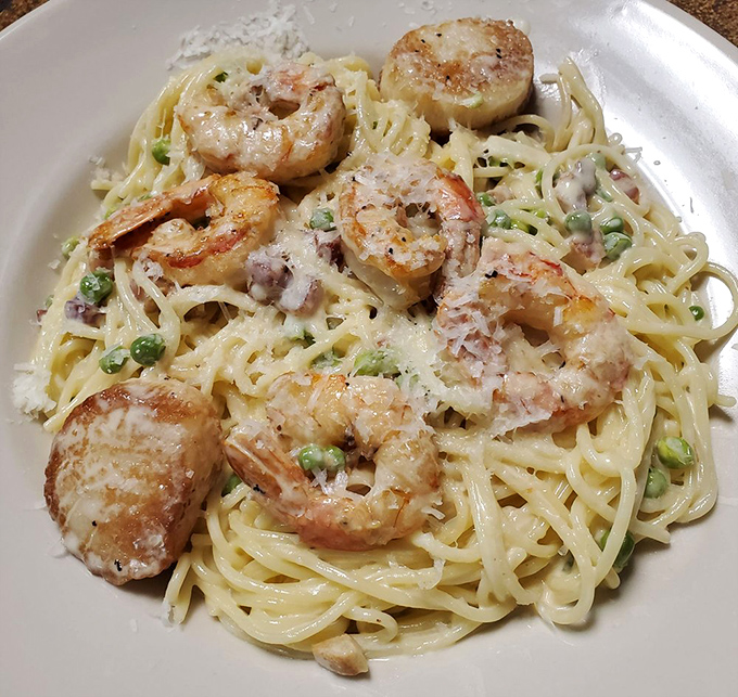 Shrimp Carbonara that proves pasta's true purpose is to be a vehicle for delivering creamy, savory perfection to your taste buds.