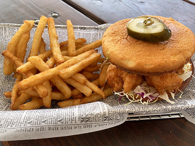 The shrimp po' boy: where New Orleans tradition meets Northern California freshness, crowned with a pickle that's basically saying "you're welcome."