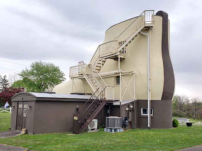 The exterior staircase leads to the shoe's ankle entrance. Architects everywhere are either impressed or deeply confused—possibly both.