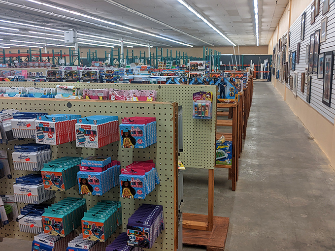 Wooden bins and display tables create a rustic marketplace feel, turning everyday shopping into a treasure-hunting expedition.