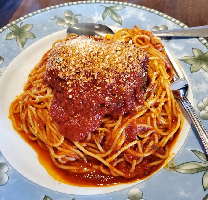 The spaghetti and meatball isn't just a dish&mdash;it's a monument to Italian-American cuisine, crowned with a parmesan snowcap.