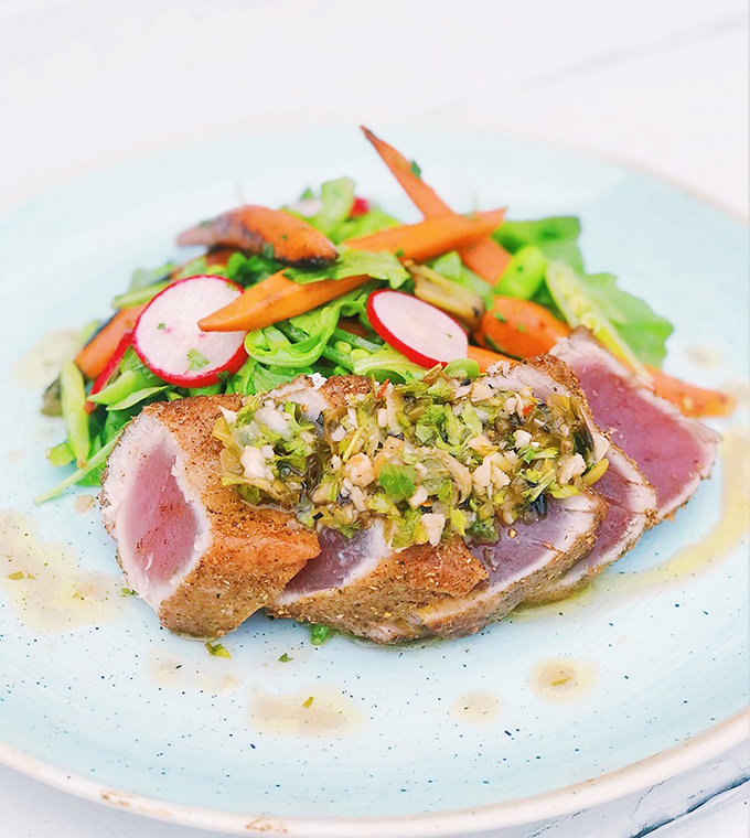 Seared tuna that's dressed better than most people at a wedding&mdash;pink in the middle with a garden-fresh salad that's more than just a pretty face.