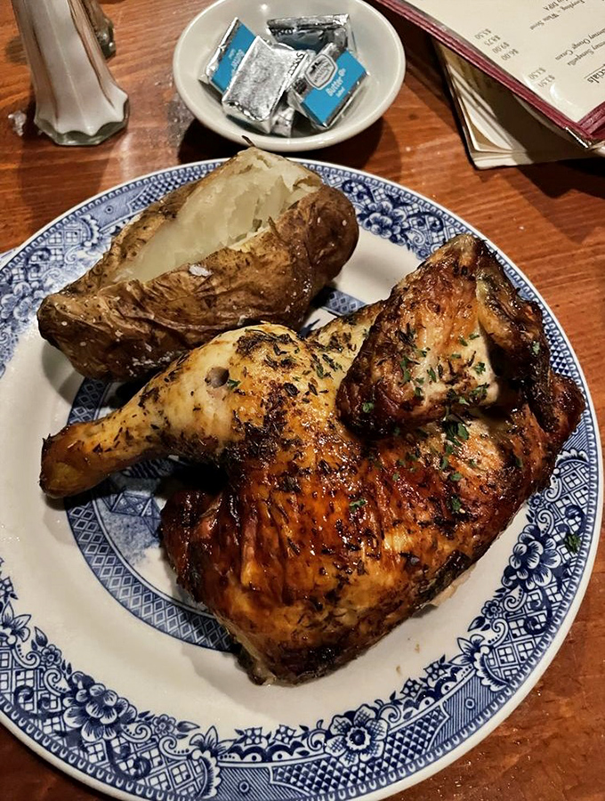 Chicken so perfectly roasted it makes you wonder if colonial cooking techniques weren't onto something after all. That crispy skin is a national treasure.