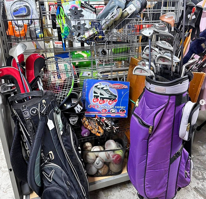 Golf clubs, tennis rackets, and balls galore&mdash;the sports equipment section is where athletic dreams get a second swing at life.
