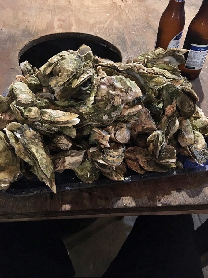 A mountain of oyster shells that tells the story of many happy mouths. Nothing says "good time" quite like an empty oyster shovel. 